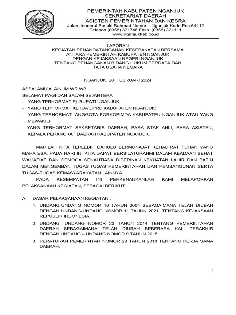 Laporan Kegiatan Untuk Pak Ten Pada Penandatanganan MoU Dengan Kejaksaan 2024 | PDF