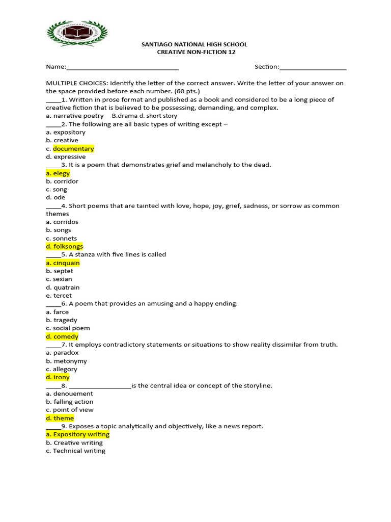 Diagnostic Test Creative Nonfiction With Answer Key | PDF | Poetry ...