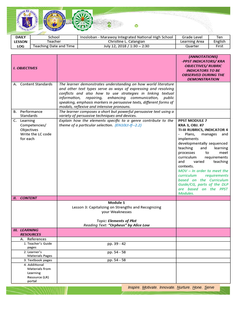 DLL For Cot 1 | PDF | Learning | Rubric (Academic)