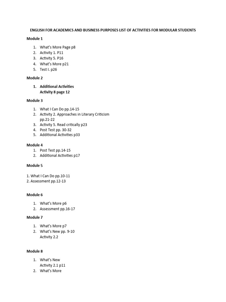 Eapp List of Activities For Modular Students | PDF
