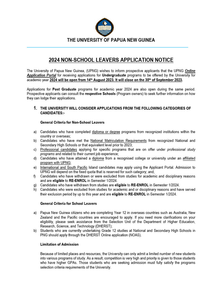UPNG 2024 Non-School Leavers Application | PDF | Postgraduate Education ...