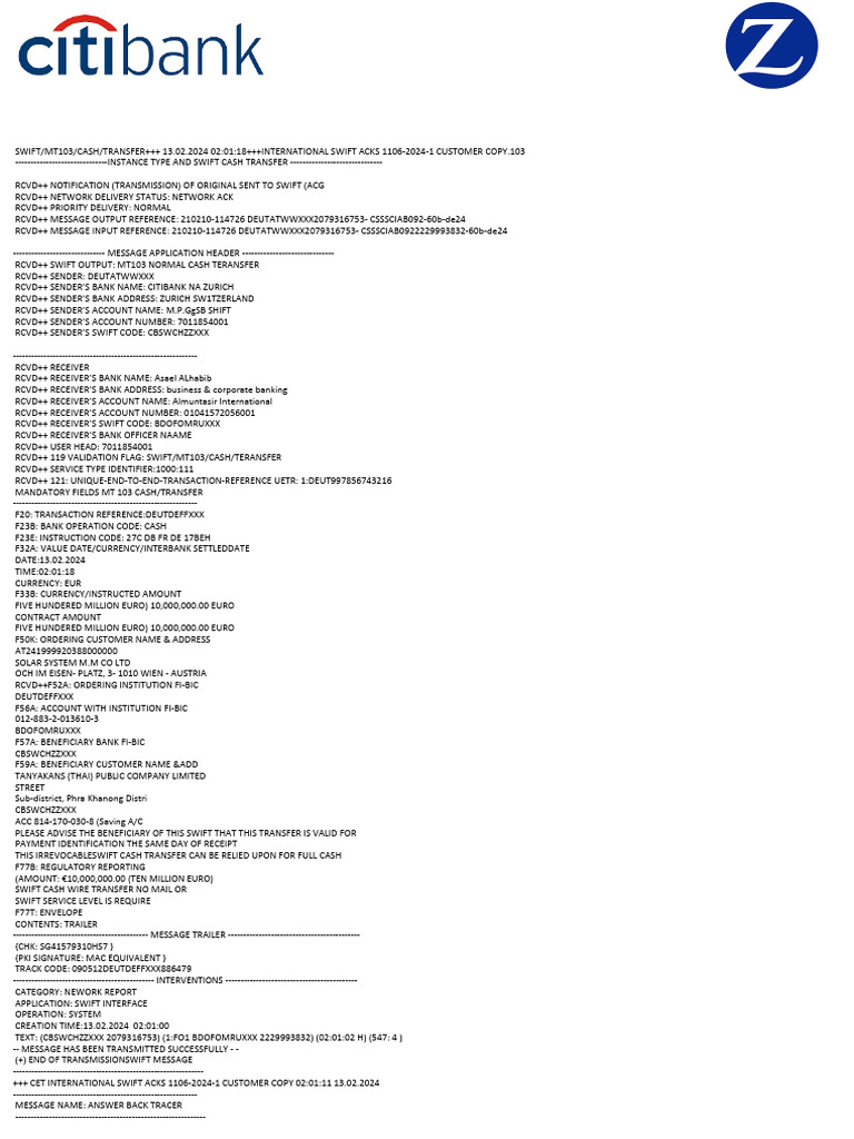 10 M Swift MT103 .DR.M&P2112 Oman | PDF | Cash | Service Industries