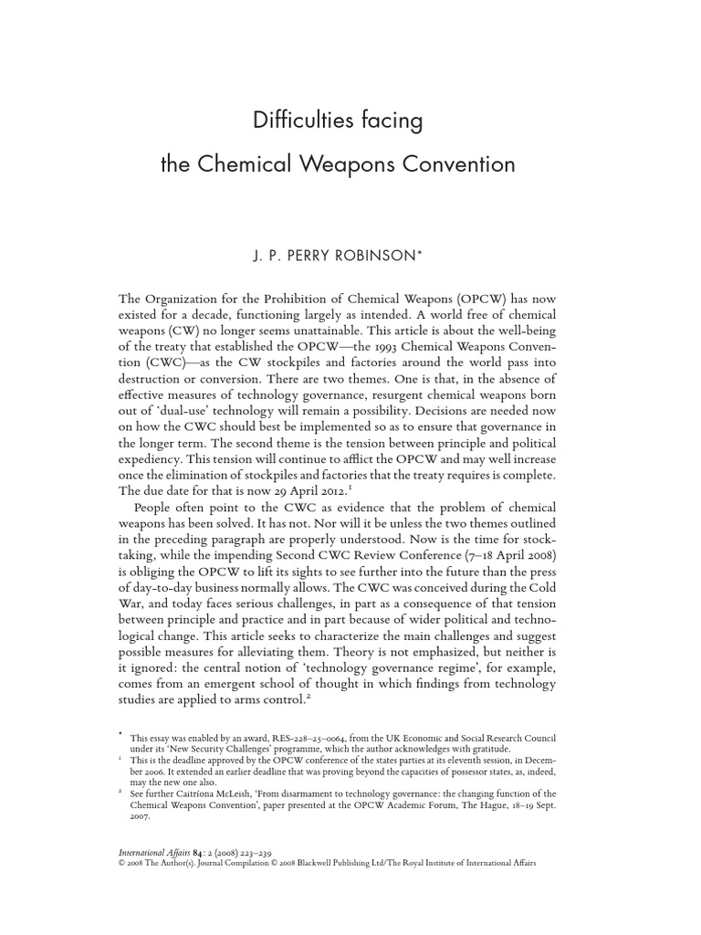 (PERRY ROBINSON, 2008) Difficulties facing the Chemical Weapons ...