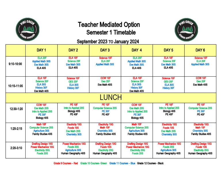 2023-2024 Sem 1 Timetable - Final - Grades Color Coded | PDF