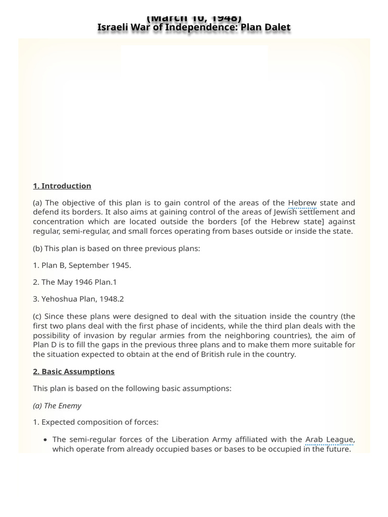 Plan Dalet For War of Independence (March 1948) | PDF | Mandatory ...