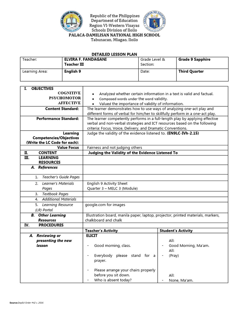 Detailed Lesson Plan For Teaching Demonstration | PDF | Truth | Validity (Statistics)