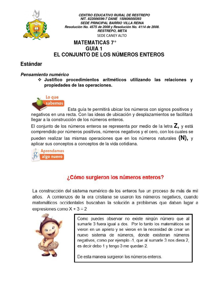 Los Números Enteros Guía 1 | PDF | Entero | Número natural