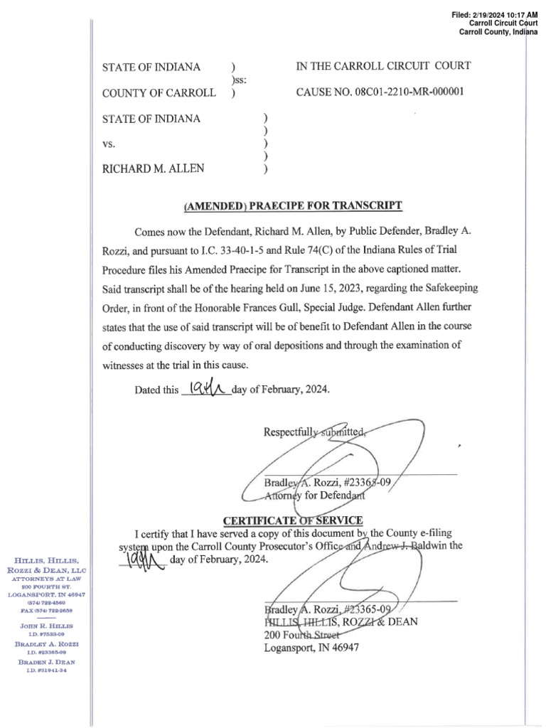 2024 02 19 - Amended Pleading Filed - Praecipe For Transcript - Delphi ...