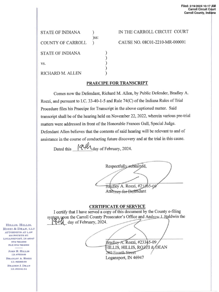 2024 02 19 - Praecipe For Transcript - Delphi in - Ra PDF | PDF ...