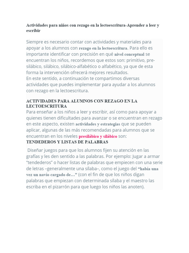 Actividades para Niños Con Rezago en La Lectoescritura | PDF