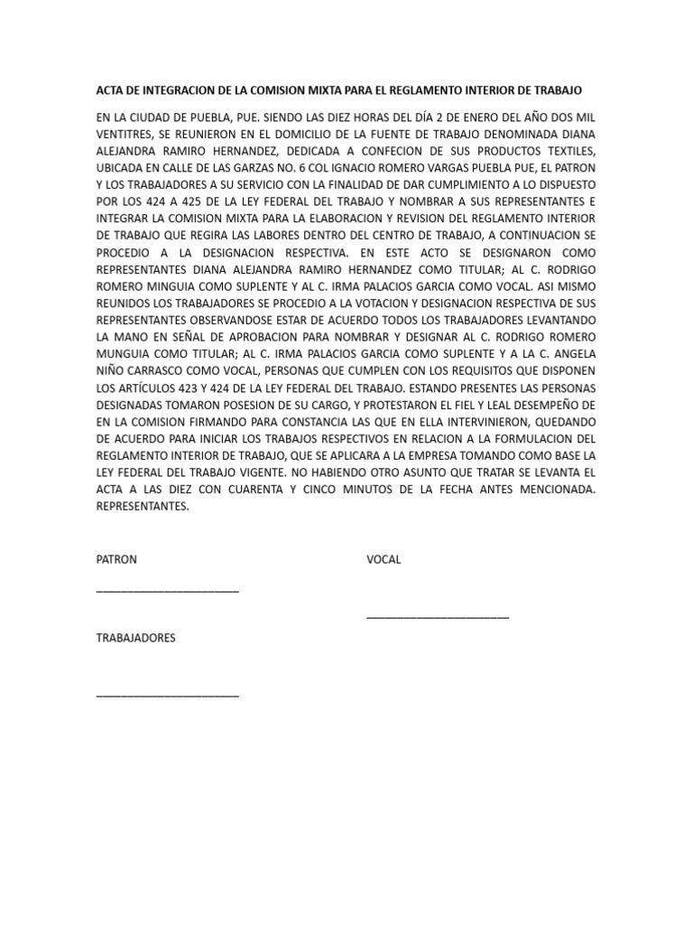 Acta de Integracion de La Comision Mixta para El Reglamento Interior de ... Acta de Integracion de La Comision Mixta para El Reglamento Interior de ...
