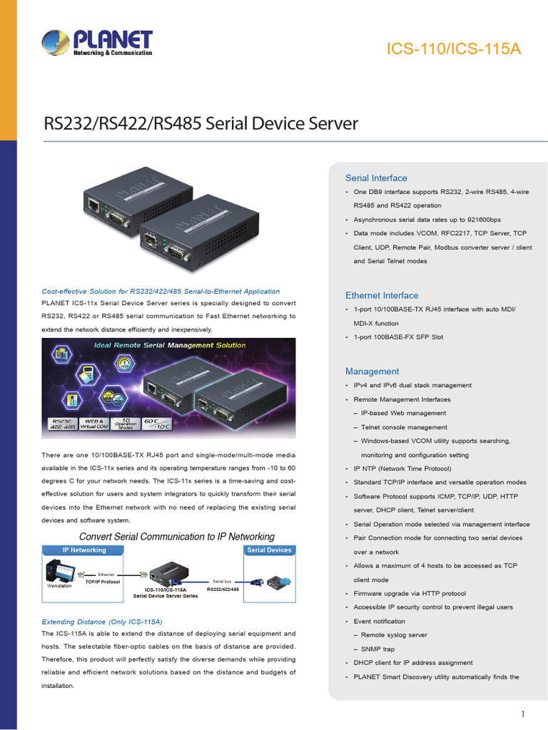 RS232/RS422/RS485 Serial Device Server: ICS-110/ICS-115A | PDF | Computer Network | Internet ...