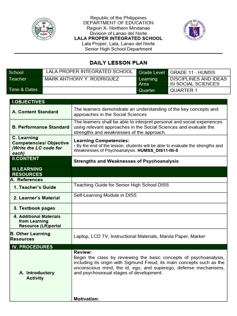 Daily Lesson Plan: School Grade Level Teacher Learning Area Time ...