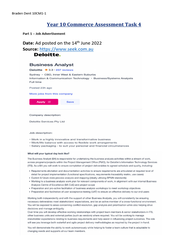 Year 10 Commerce Assessment Task 4 | PDF | Economics | Business Analysis