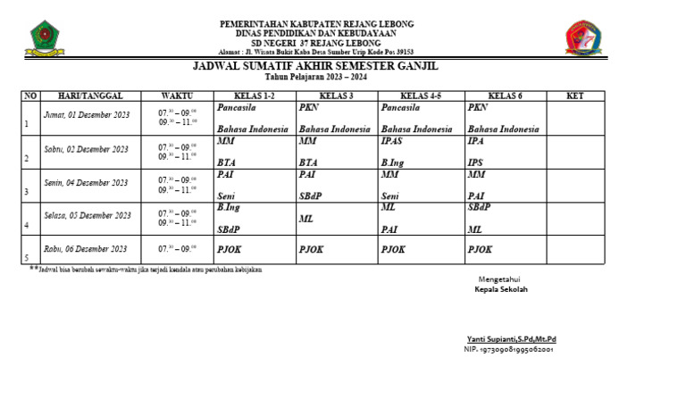 Jadwal Sumatif Akhir Semester 1 | PDF