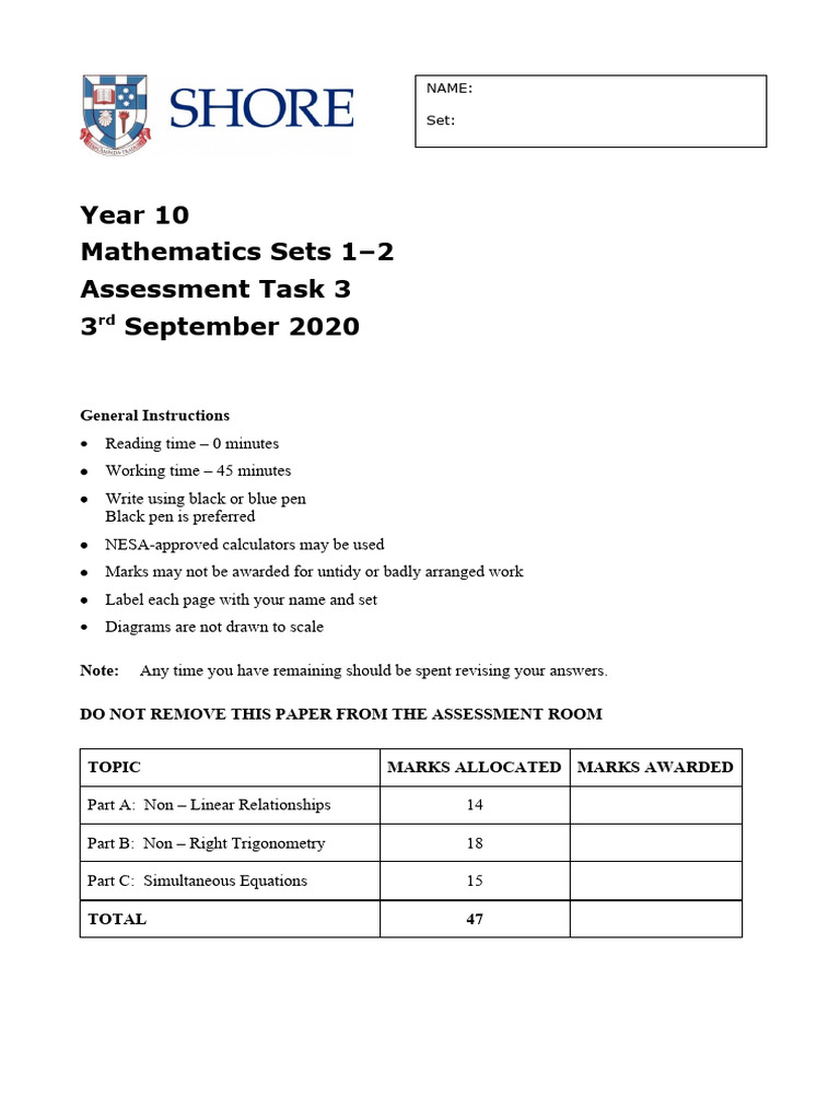 10 Set 1-3 Task 3 2020 Non Linear Rel, Simul Equ, Non RIght Trig | PDF | Equations | Circle
