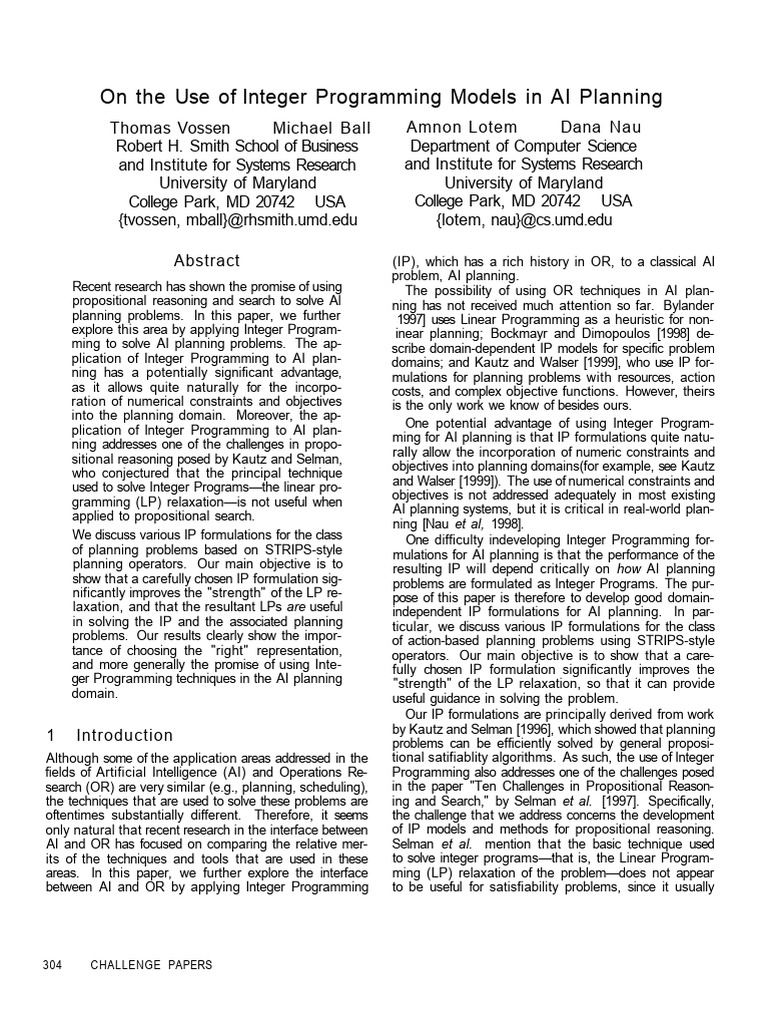 On The Use of Integer Programming Models in AI Planning | PDF | Linear ... On The Use of Integer Programming Models in AI Planning | PDF | Linear ...