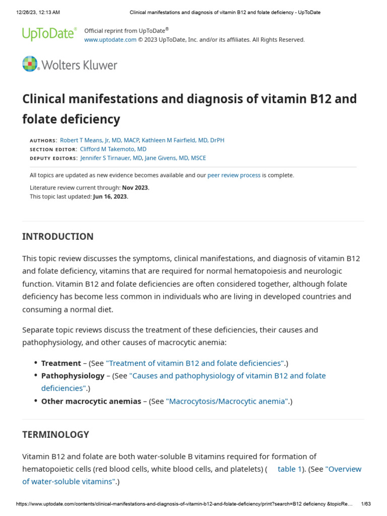 Clinical Manifestations and Diagnosis of Vitamin B12 and Folate ...