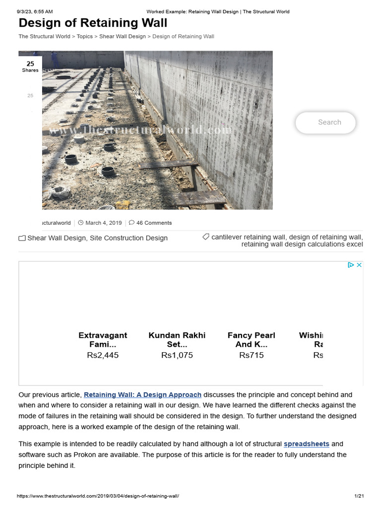 Worked Example - Retaining Wall Design - The Structural World | PDF ...