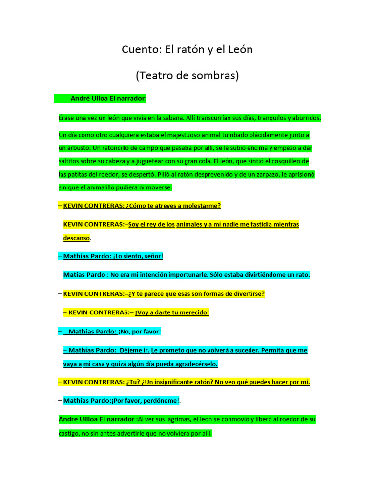 Cuento El Leon y El Ratón Teatro de Sombras | PDF