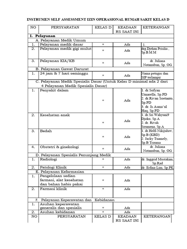 INSTRUMEN SELF ASSESSMENT IZIN OPERASIONAL RUMAH SAKIT KELAS D Docx | PDF
