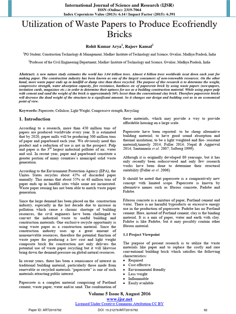 Utilization of Waste Papers To Produce Ecofriendly | PDF | Concrete | Waste