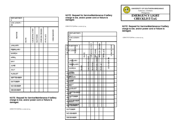 Emergency Light Maintenance Checklist | PDF | Equipment | Lighting