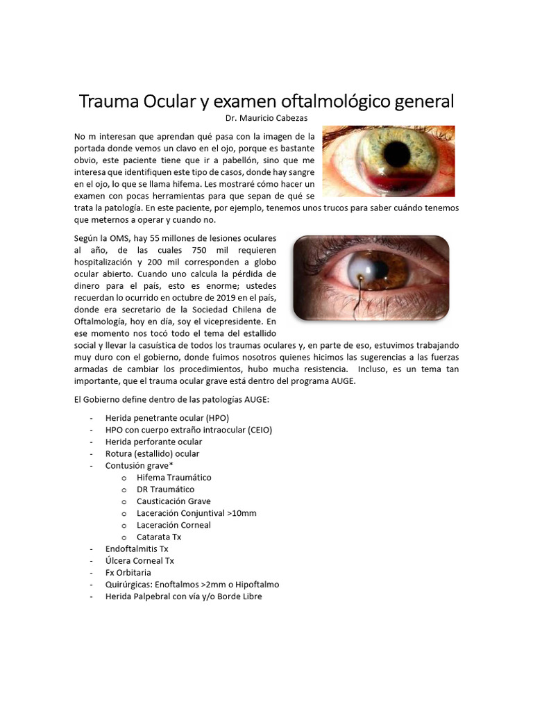Trauma Ocular y examen oftalmológico general | PDF | Ojo humano | Córnea