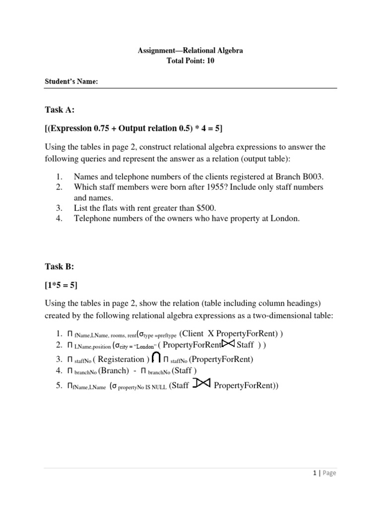 Assignment Relational Algebra | PDF | Databases | Algebra