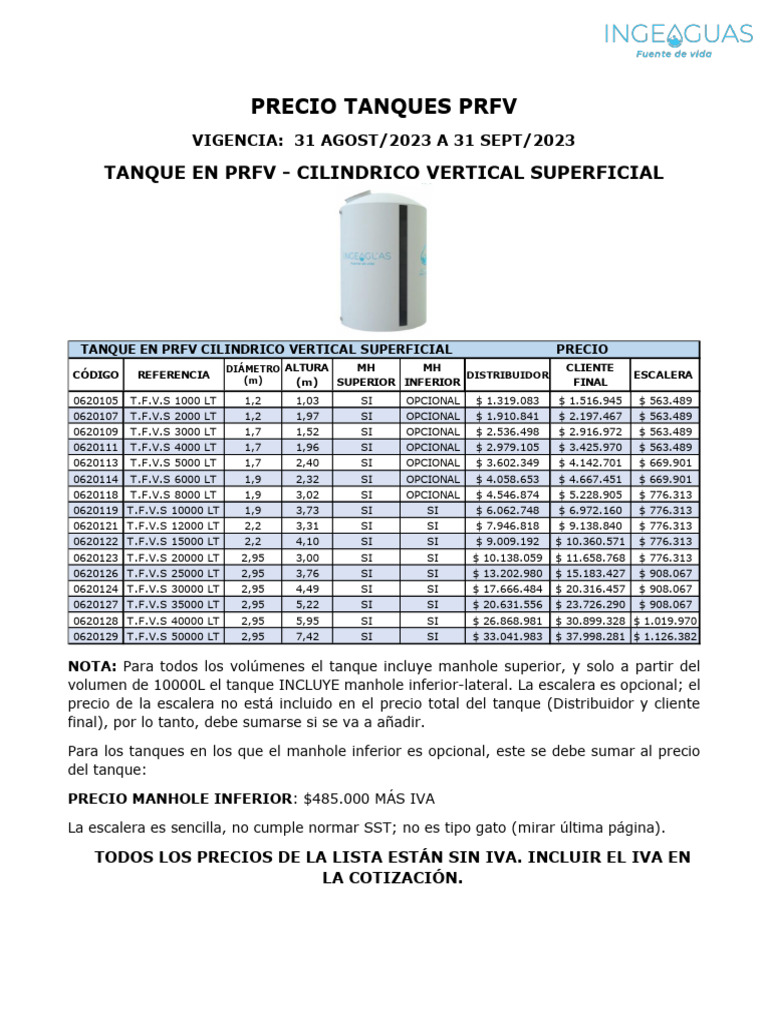 Precio Tanques PRFV Septiembre 2023 | PDF | Hidrología | Ingeniero civil
