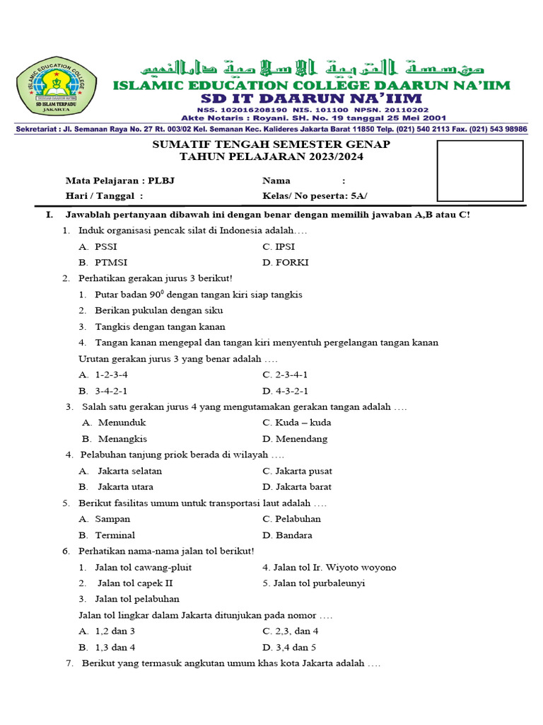 Soal PLBJ Kelas 5 | PDF | Perjalanan