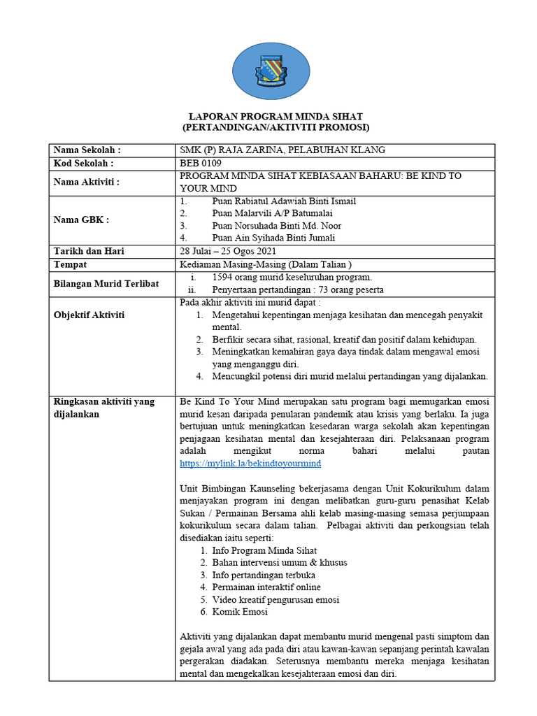 Laporan Pertandingan Minda Sihat | PDF