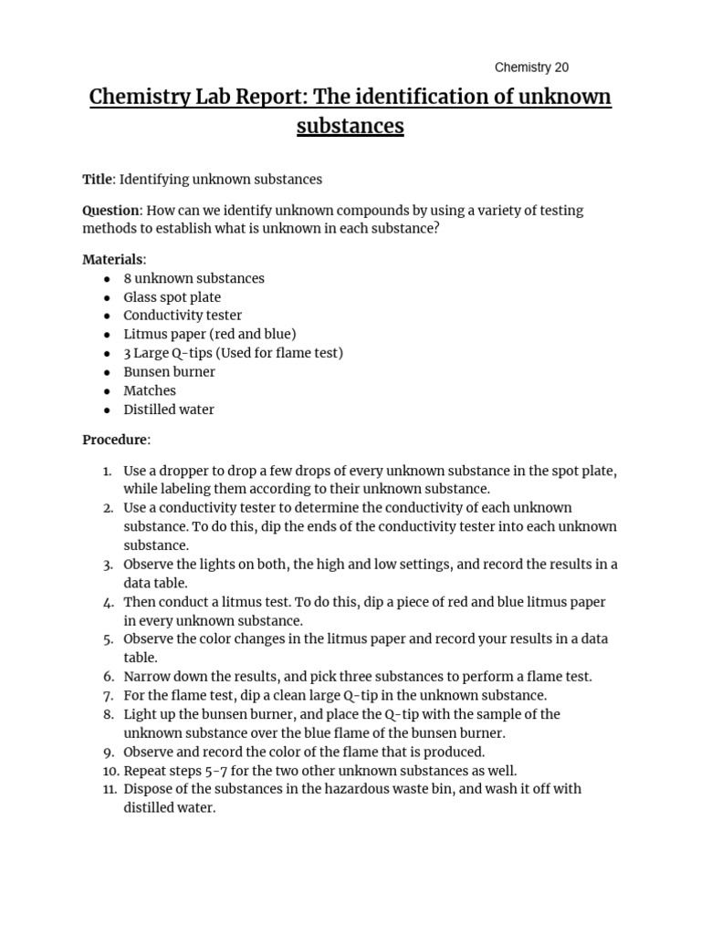 Chemistry Lab Report - The Identification of Unknown Substances | Download Free PDF | Acid ...