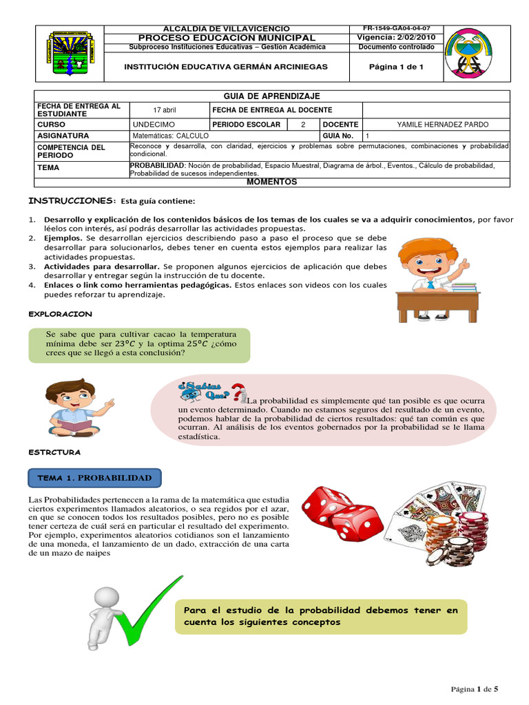 Guia 1 Grado Undecimo Probabilidad | PDF | Probabilidad | Matemáticas