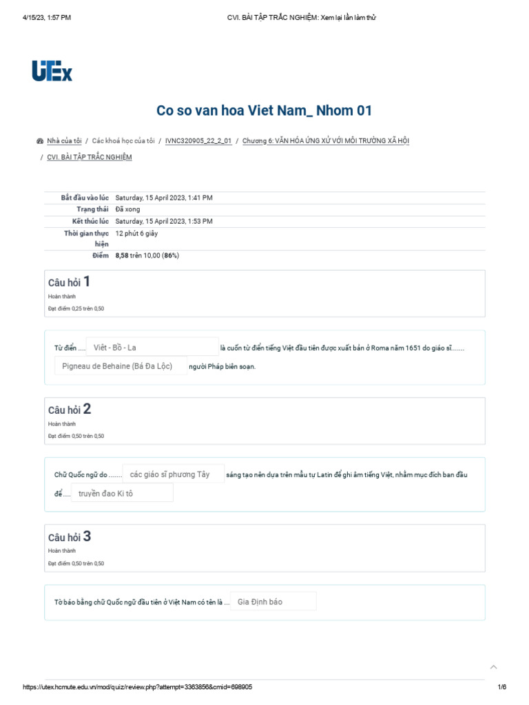Cvi. Bài Tập Trắc Nghiệm - Xem Lại Lần Làm Thử | PDF