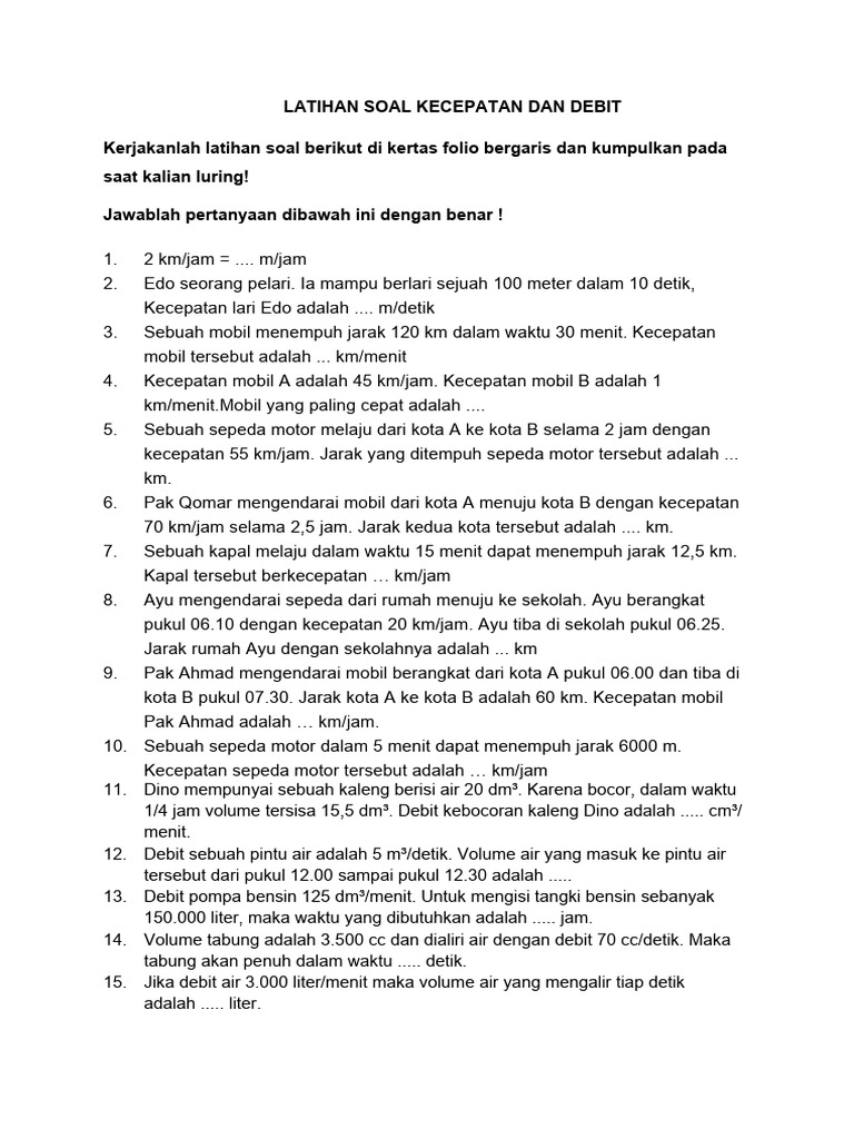 Latihan Soal Kecepatan & Debit | PDF