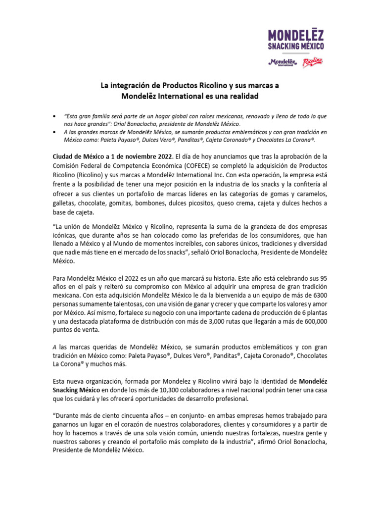La Integracioon de Productos Ricolino y Sus Marcas A Mondelez ...