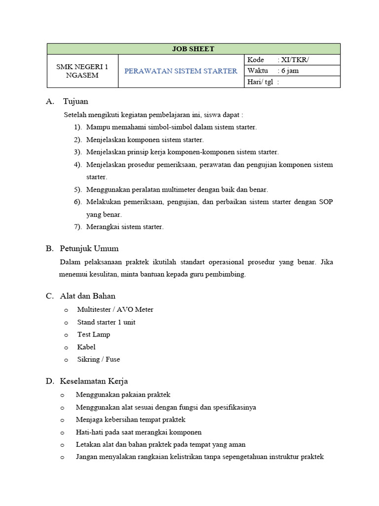 Job Sheet Sistem Starter 2024 | PDF