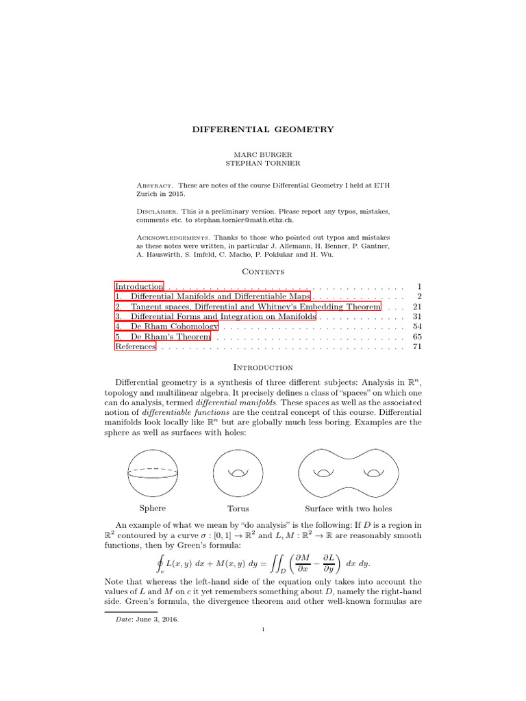 DiffGeomI - Notes Marc Burger | PDF | Manifold | Differential Geometry