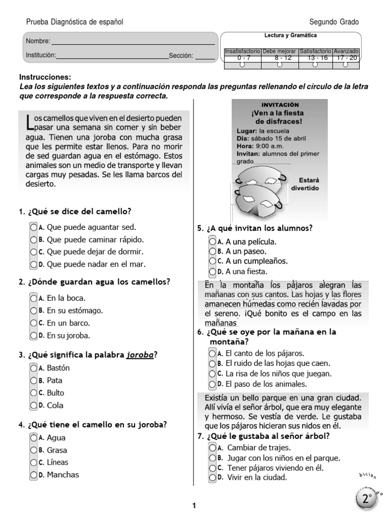 Prueba Diagnóstica de Español 2º Grado | PDF