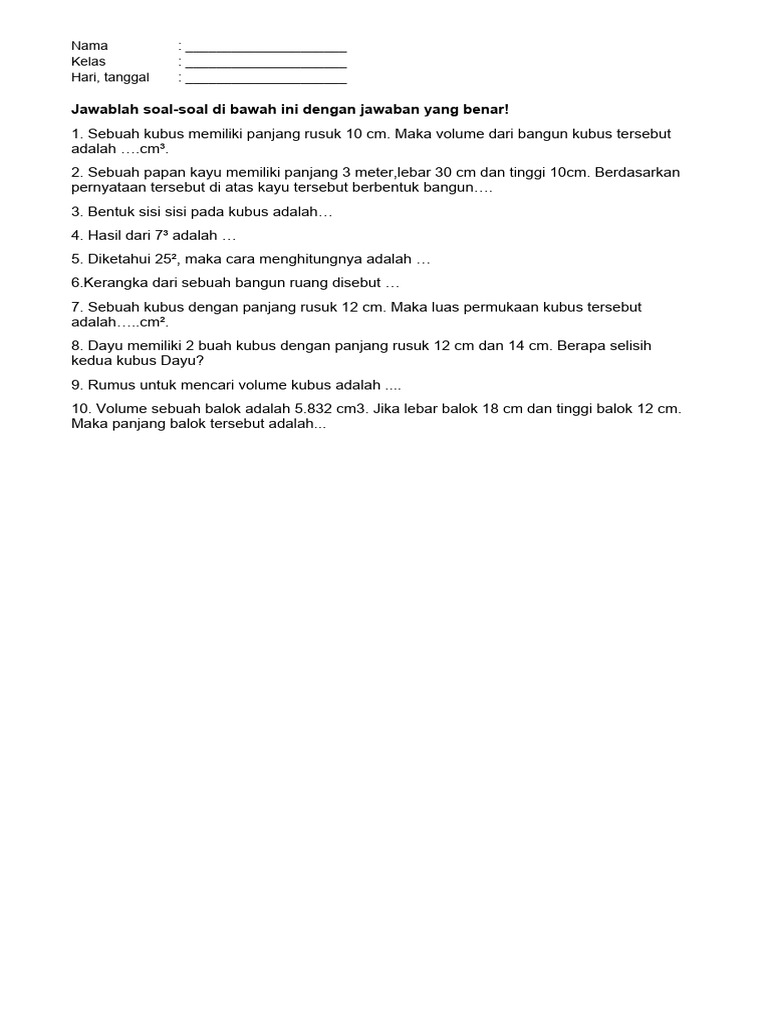 Soal PH MTK Kelas 5 - Volume Balok Kubus | PDF