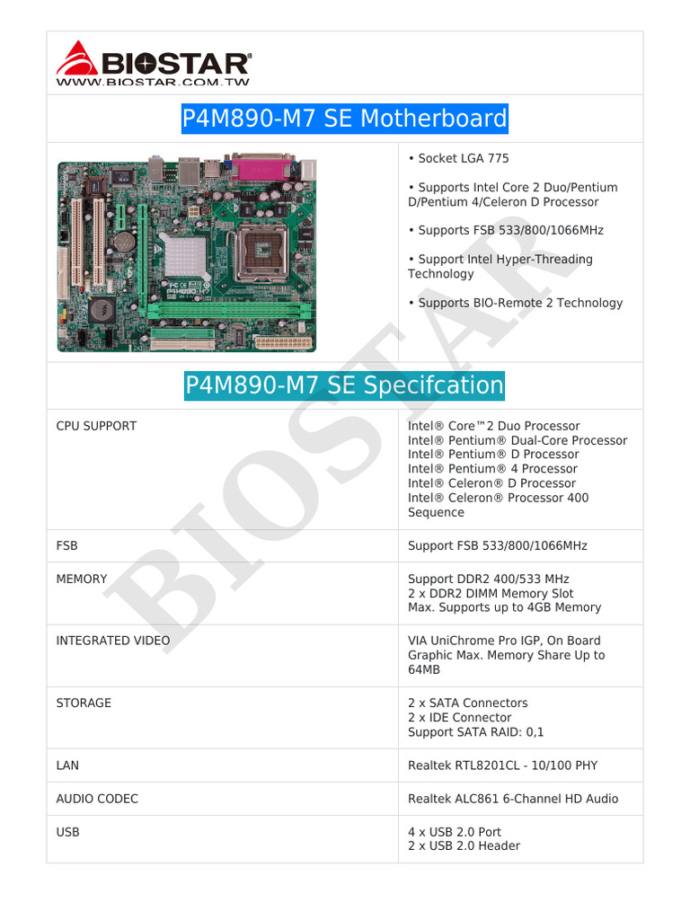 Biostar P4M890-M7 Se Spec | PDF | Computer Hardware | Computing