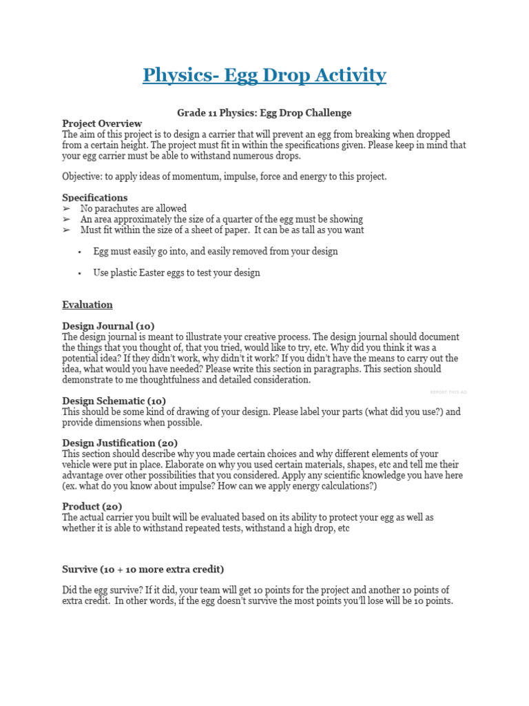 Egg Drop Activity | PDF | Force | Physics