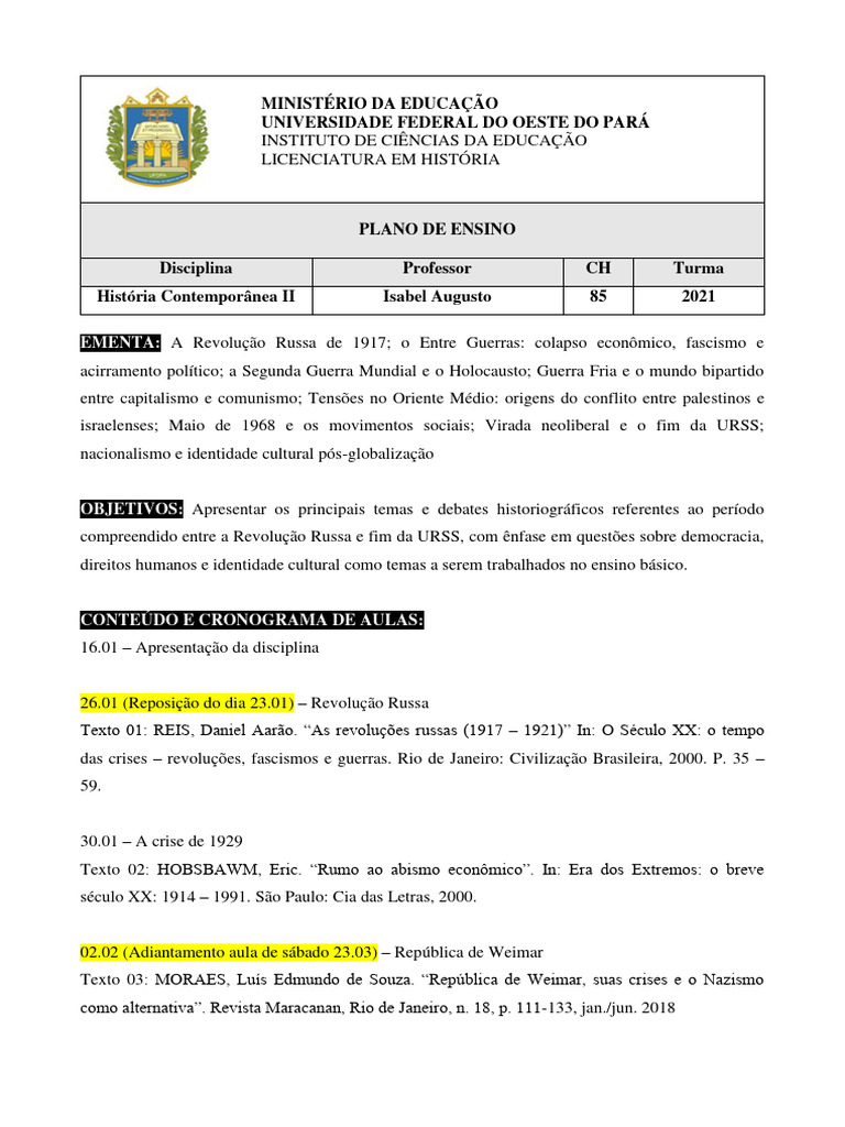 Plano de Curso História Contemporânea II 2021 | PDF