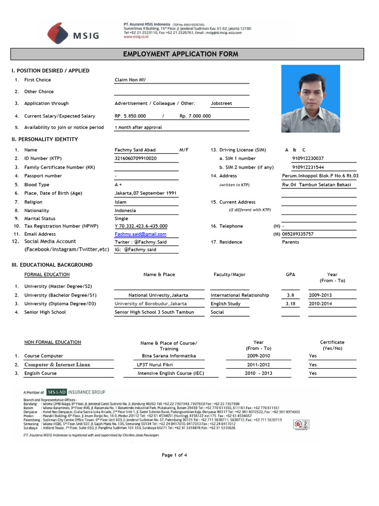 MSIG Employment Application Form Excel - Update - 2021 (Covid-19 ...