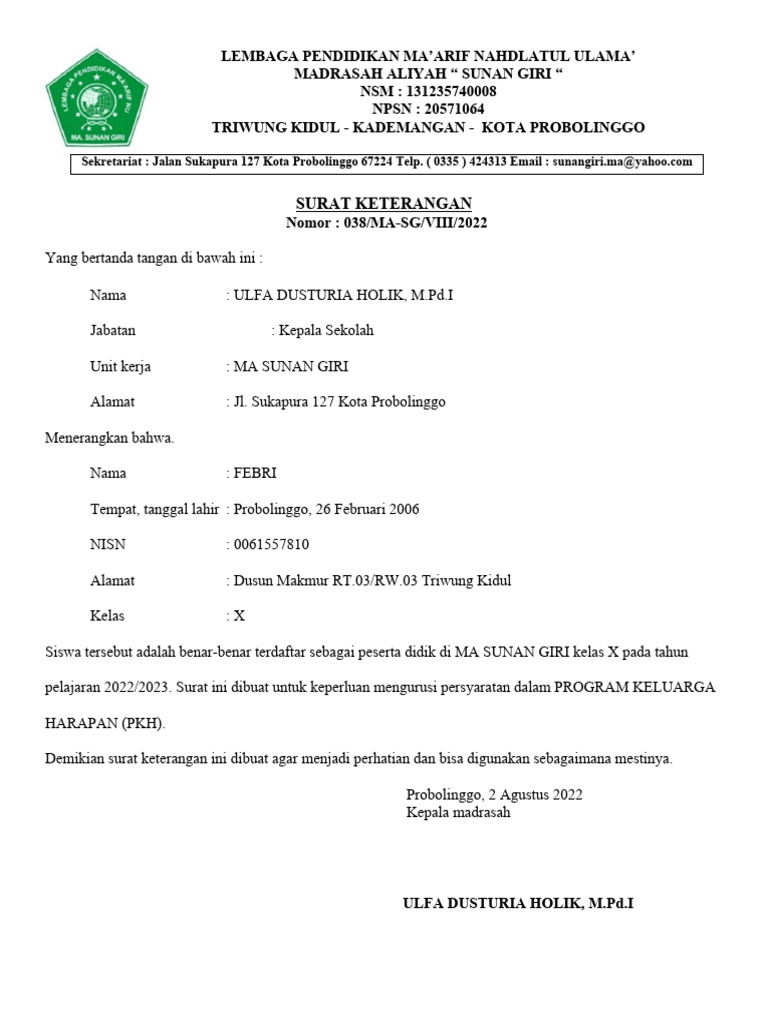 Surat Keterangan PKH | PDF