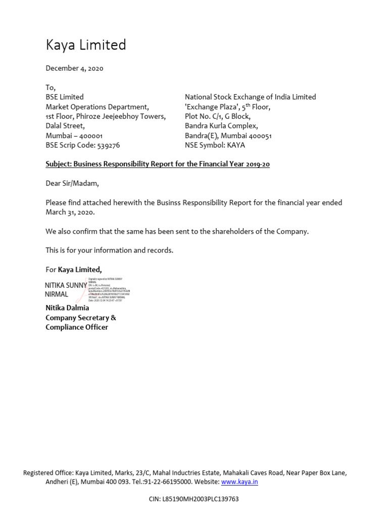 Kaya Limited: Subject: Business Responsibility Report For The Financial ...