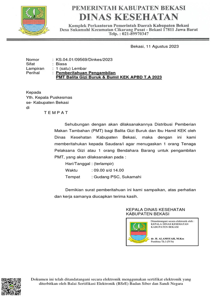 Surat Final Pengambilan PMT APBD 2023 | PDF