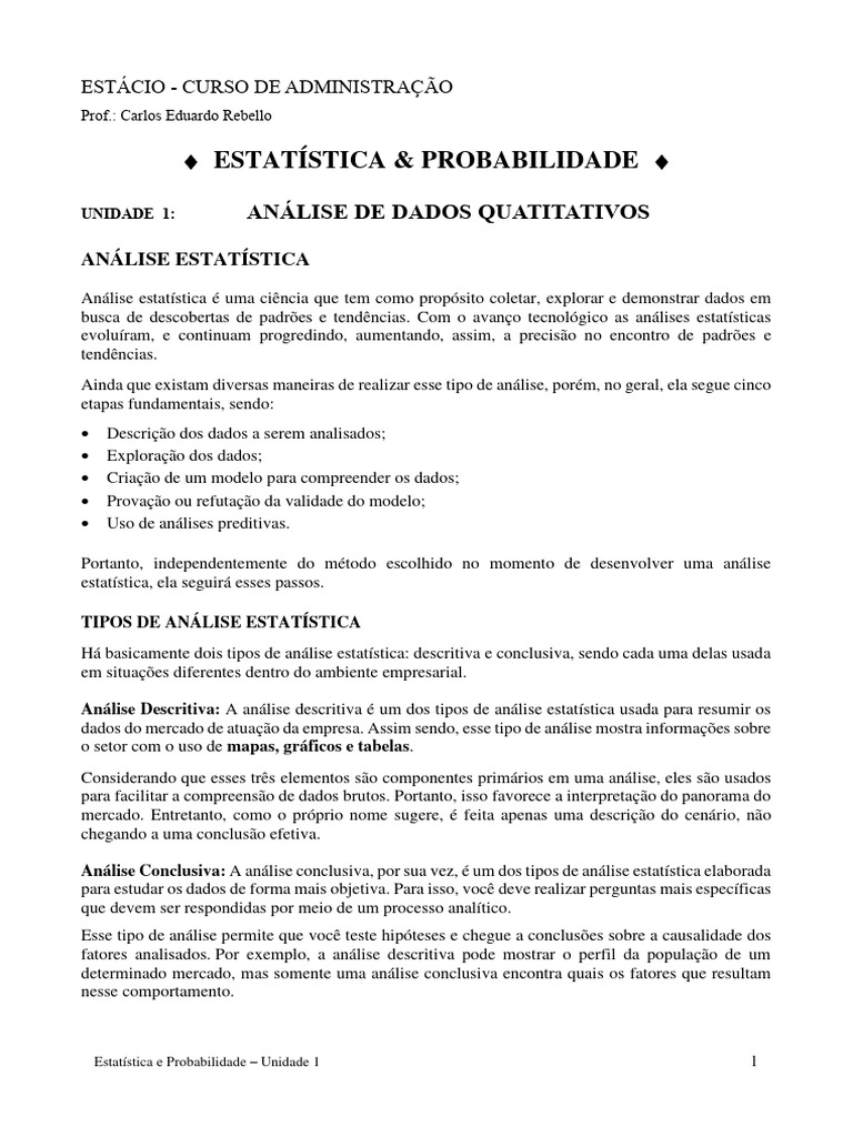 Análise Estatística de Dados Quantitativos | PDF | Dados | Estatísticas