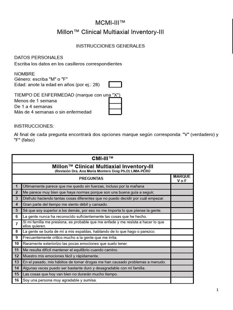 Mcmi Millon Iii Validado Peru Programa | PDF | Pensamiento | Sicología